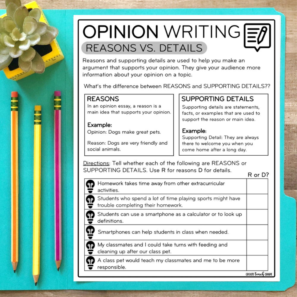 Opinion Writing: Reasons vs. Supporting Details - Create Teach Share