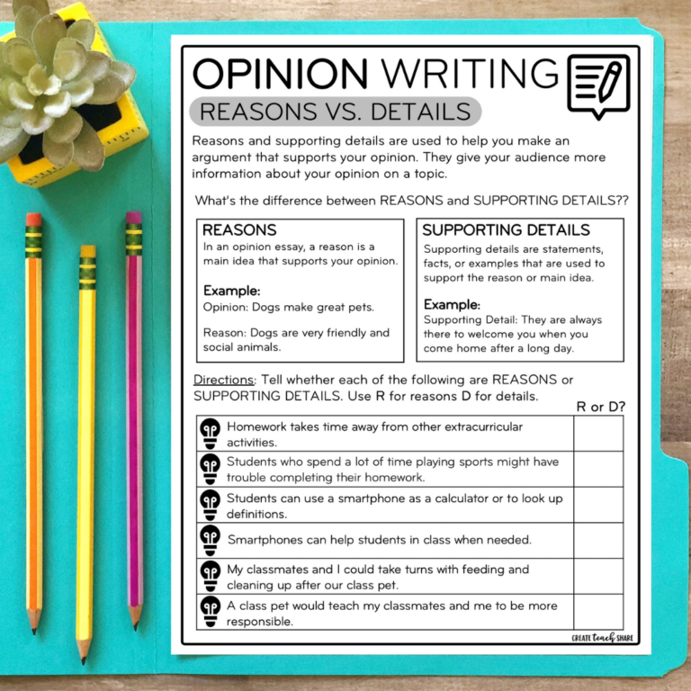 Opinion Writing: Reasons vs. Supporting Details - Create Teach Share