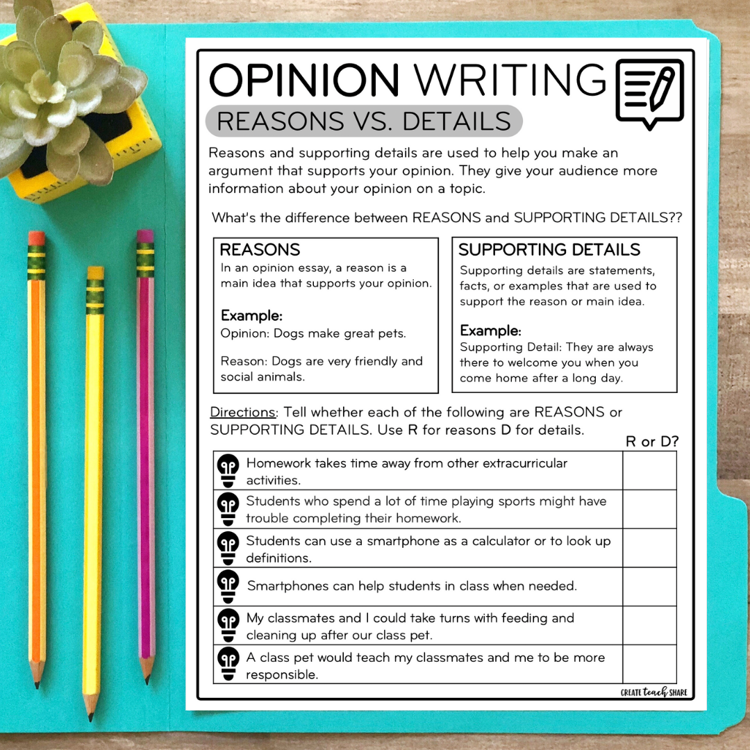 Opinion Writing Reasons Vs Supporting Details Create Teach Share
